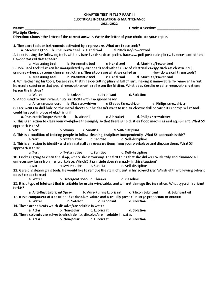 Chapter Test in Tle 7 Part Iii Iv | PDF | Personal Protective Equipment ...