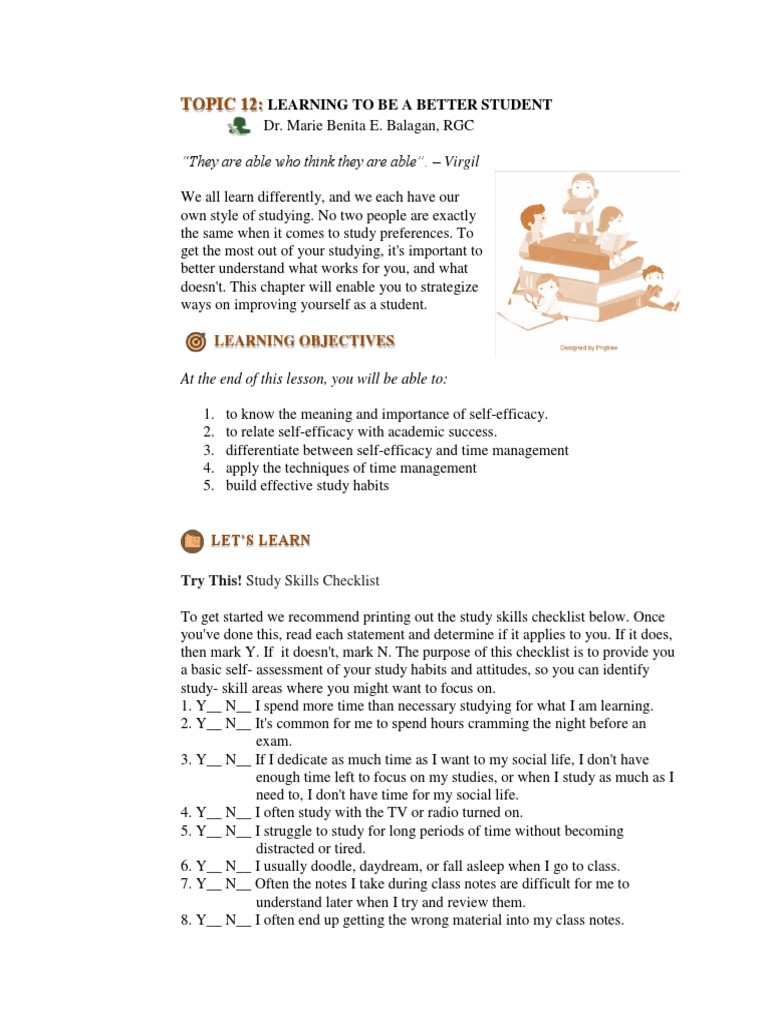 Topic 12 - Learning To Be A Better Student | PDF | Self Efficacy ...