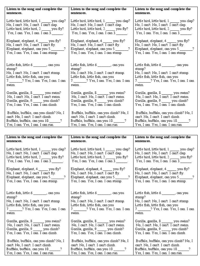 Listen To The Song and Complete The Sentences | PDF | Zoology