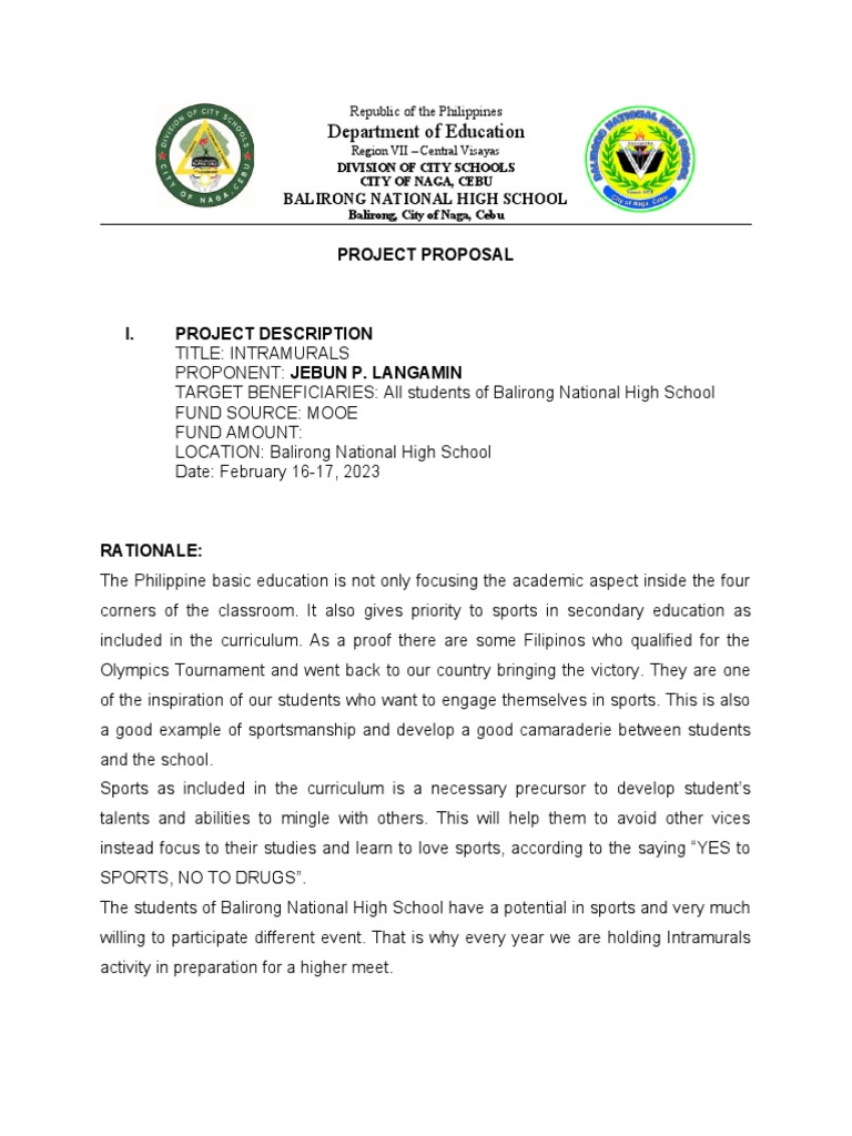 Proposal for a Two-Day Intramurals Event at Balirong National High ...