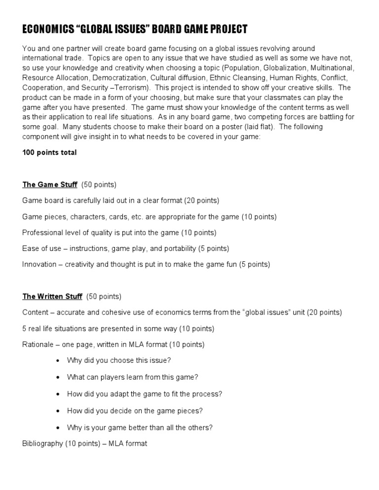 Global Issues Economics Board Game Project | PDF