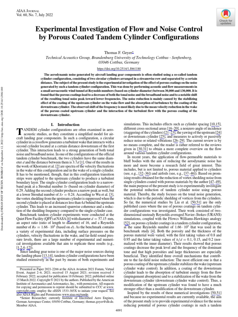 Experimental Investigation of Flow and Noise Control by Porous Coated Tandem Cylinder ...