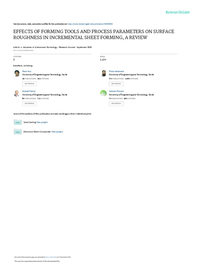 Effects of Forming Tools and Process Parameters On Surface Roughness in Incremental Sheet ...
