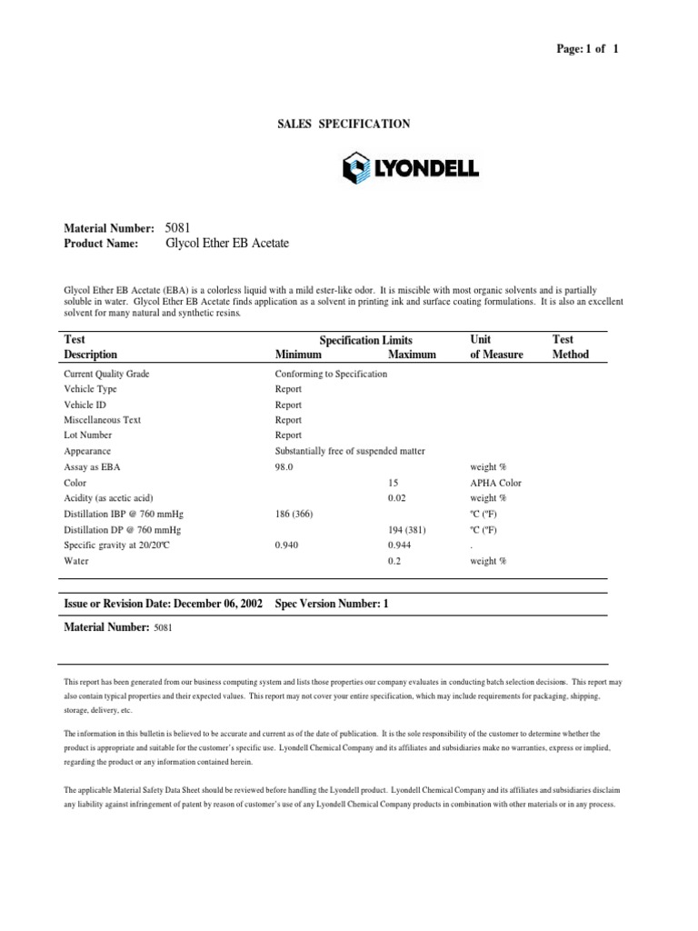 Glycol Ether EBA (TDS) | PDF | Acetic Acid | Solvent