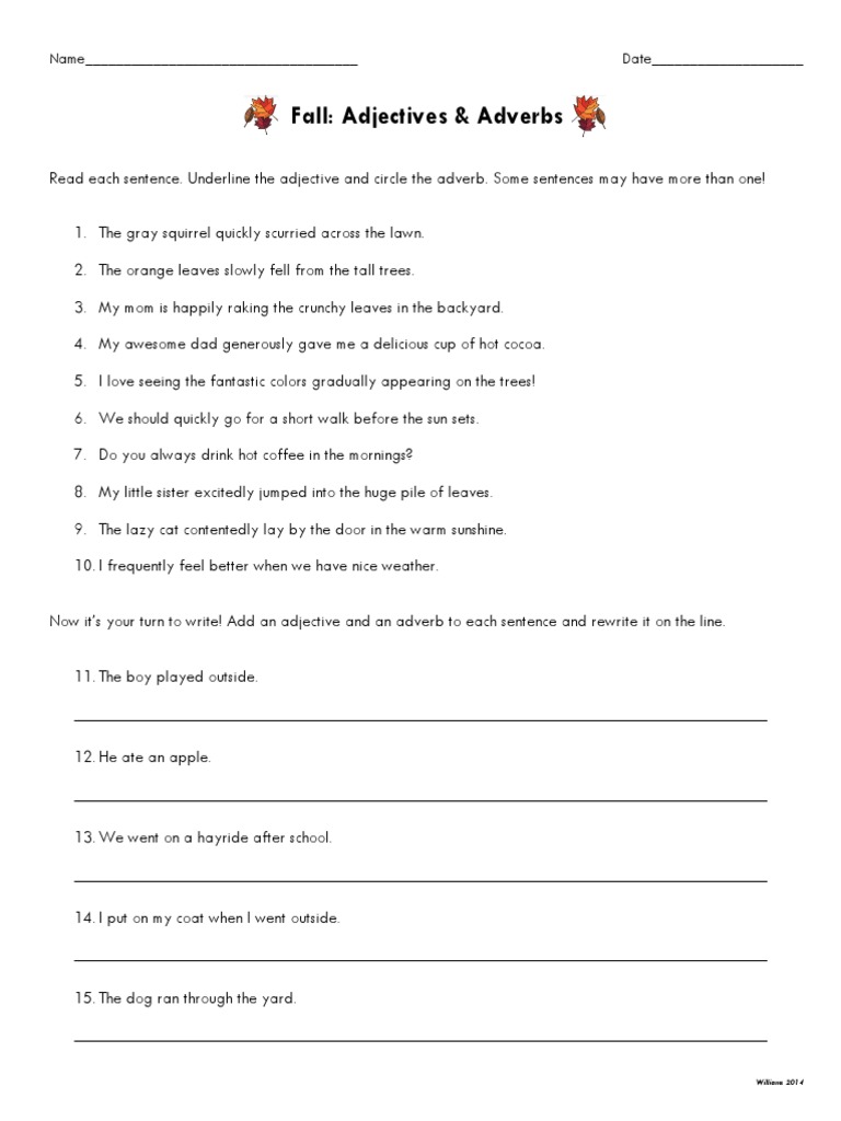 Fall: Adjectives & Adverbs: Name - Date | PDF | Adverb | Linguistic ...