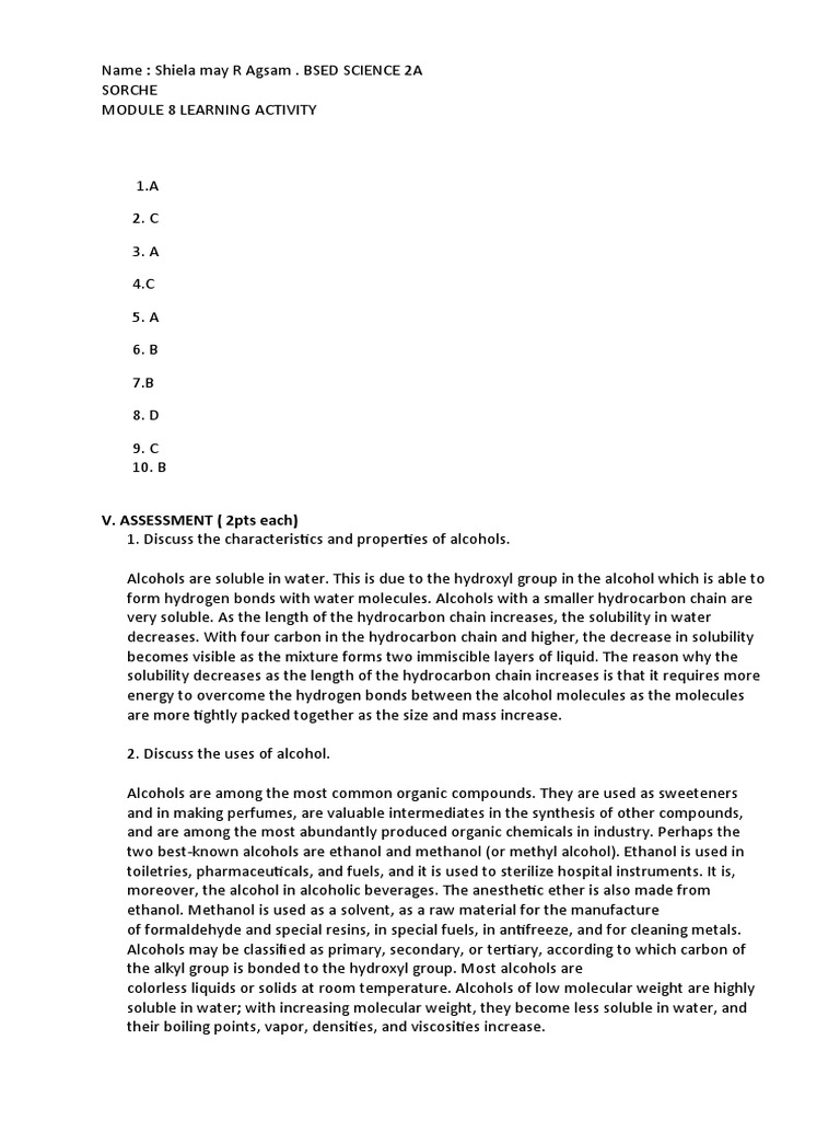 Agsam Shiela May R MODULE 8 Learning Activities | PDF | Ethanol ...
