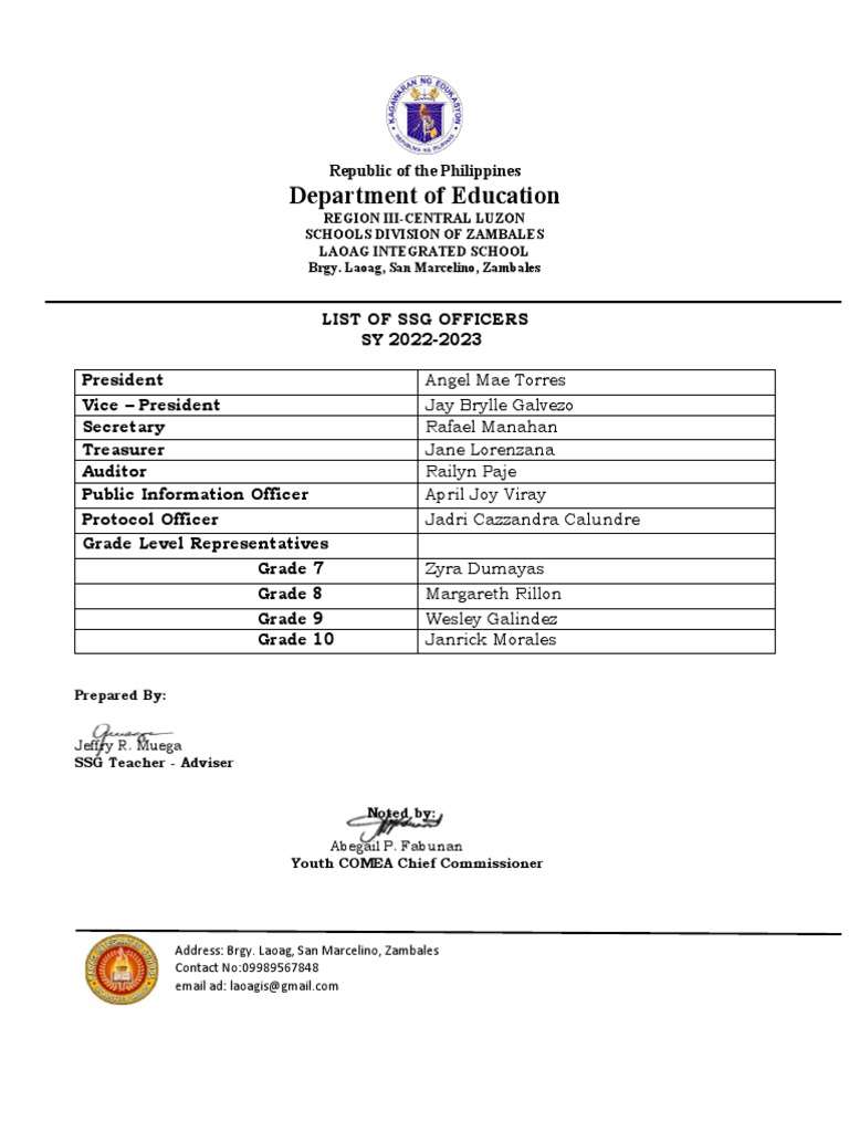SSG Officers List SY 2022-2023 Zambales | PDF