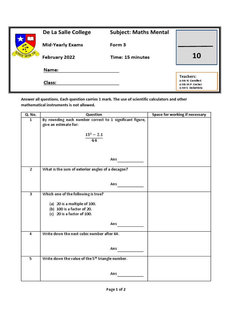 Form 3 Maths Mental | PDF | Triangle | Elementary Mathematics