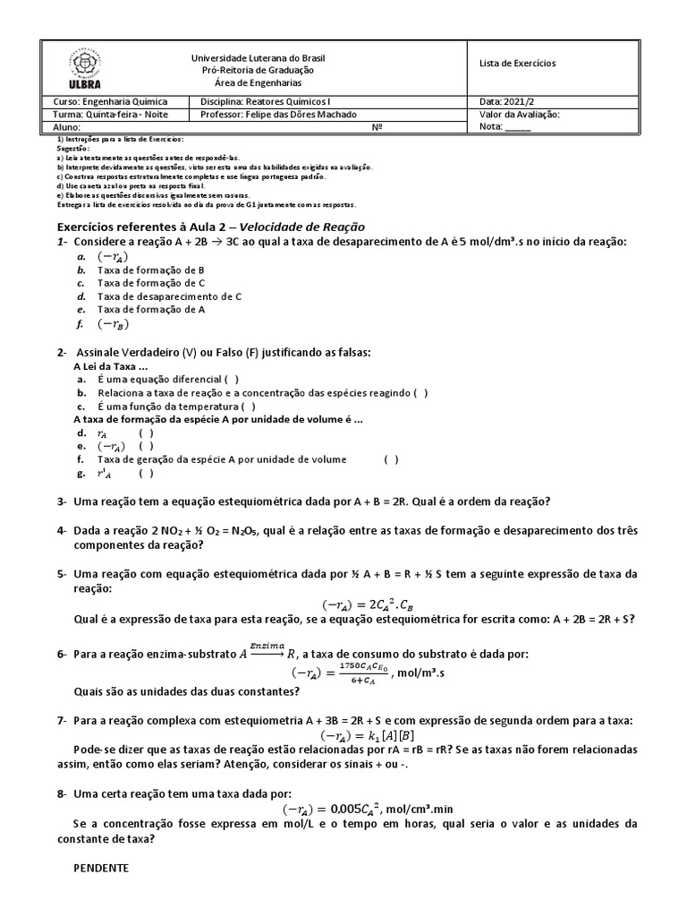 Lista de Exercícios (AP1) | PDF | Reator químico | Estequiometria