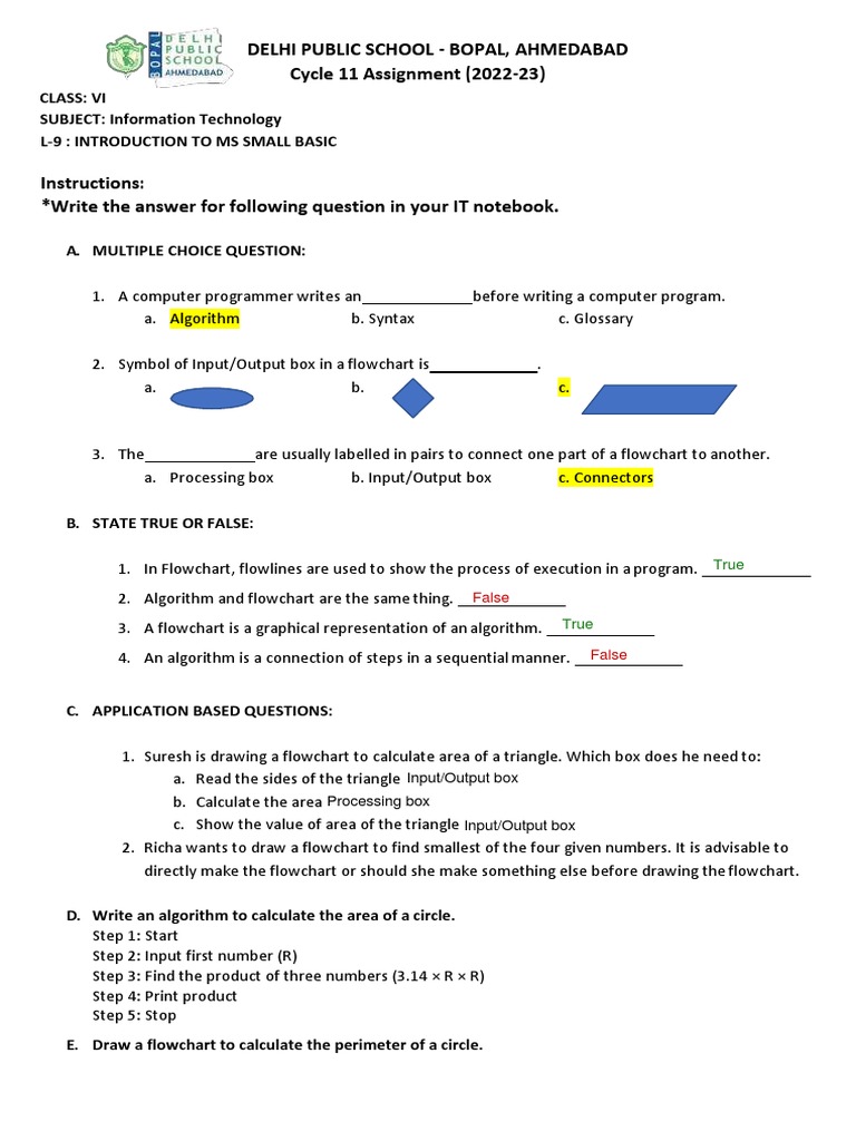 Class 6 Chapter 9 Introduction To Ms Small Basic Ans Key Pdf Algorithms Computer Program