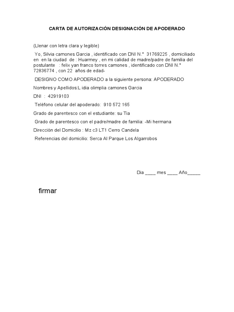 Carta de Autorización Designación de Apoderado | PDF
