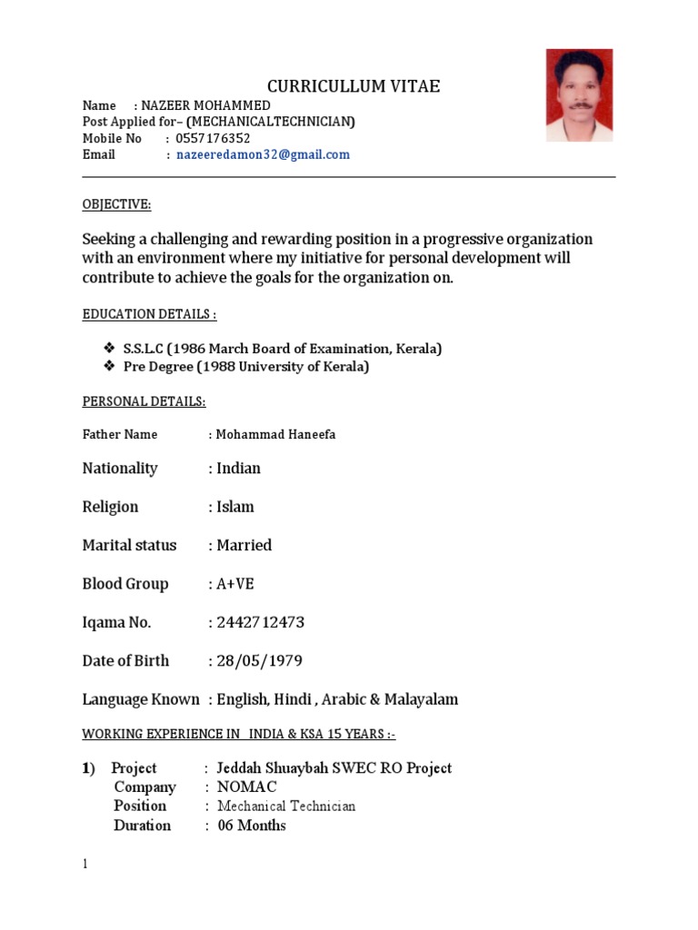 Mechanical Technician CV: Nazeer Mohammed | PDF | Business