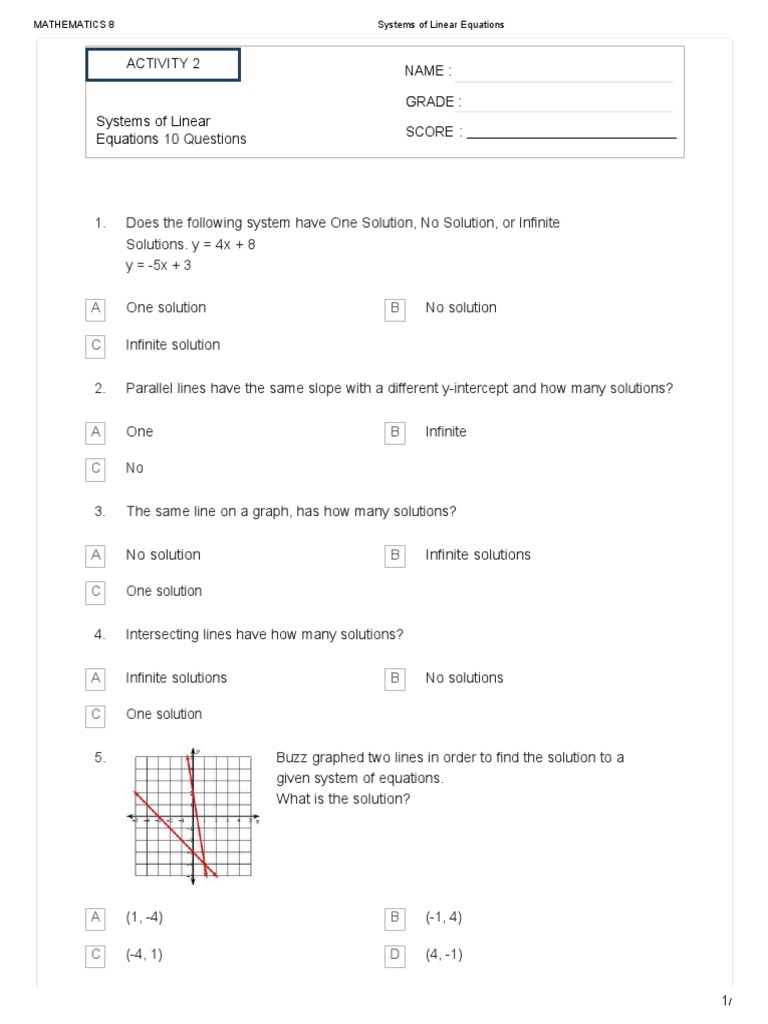 Systems of Linear Equations Quiz | PDF | Equations | Mathematical Relations