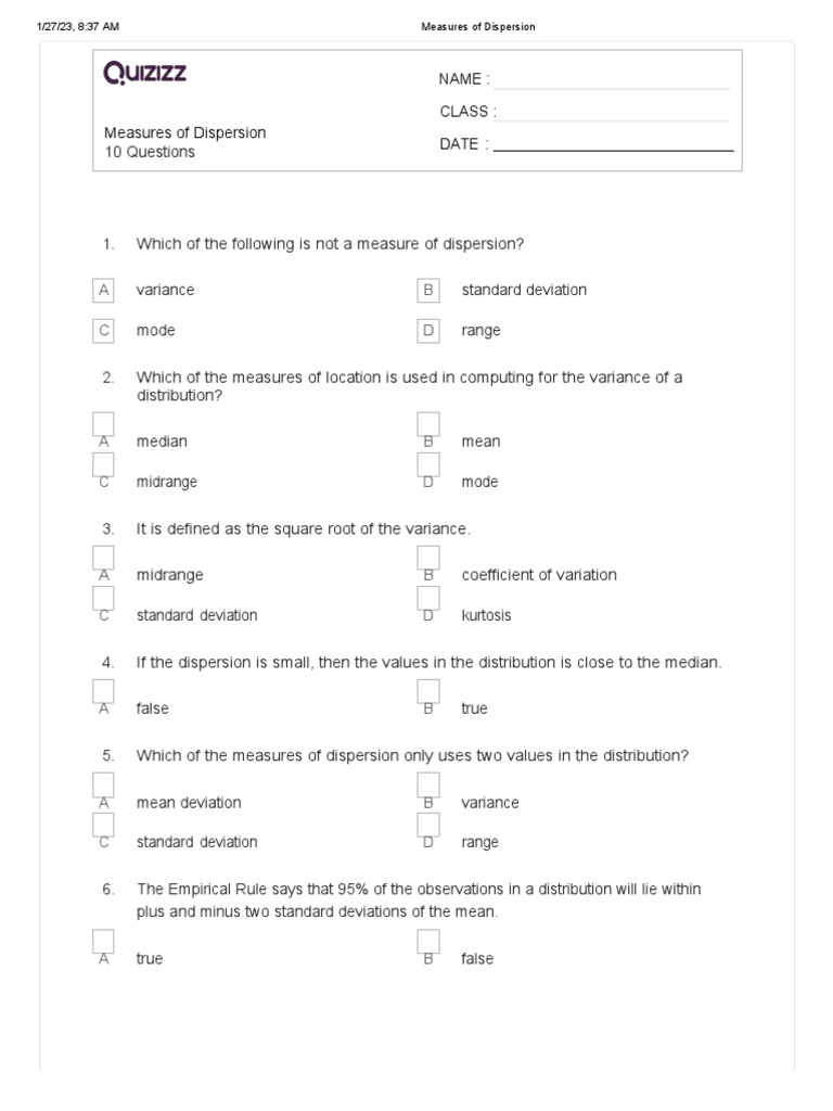Activity 1 Measures of Dispersion | PDF | Standard Deviation | Variance