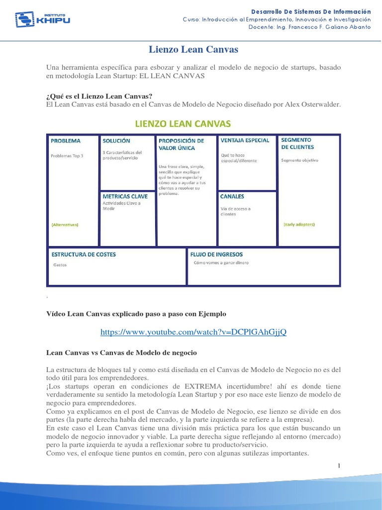 Lienzo Lean Canvas | PDF | Iniciativa empresarial | Empresa de inicio