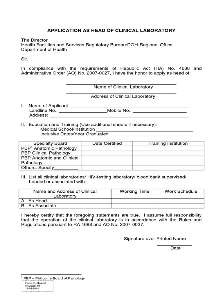 Clinical Lab - Application As Head of Lab | PDF