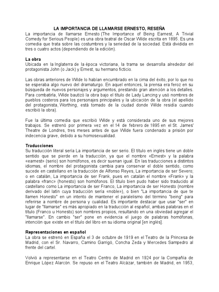 La Importancia de Llamarse Ernesto, Reseña | PDF | La importancia de ...