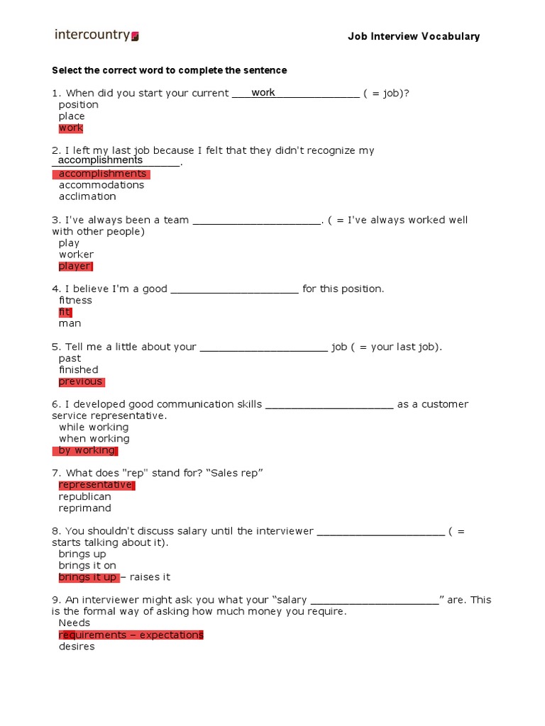 Job Interview Vocab | PDF | Job Interview
