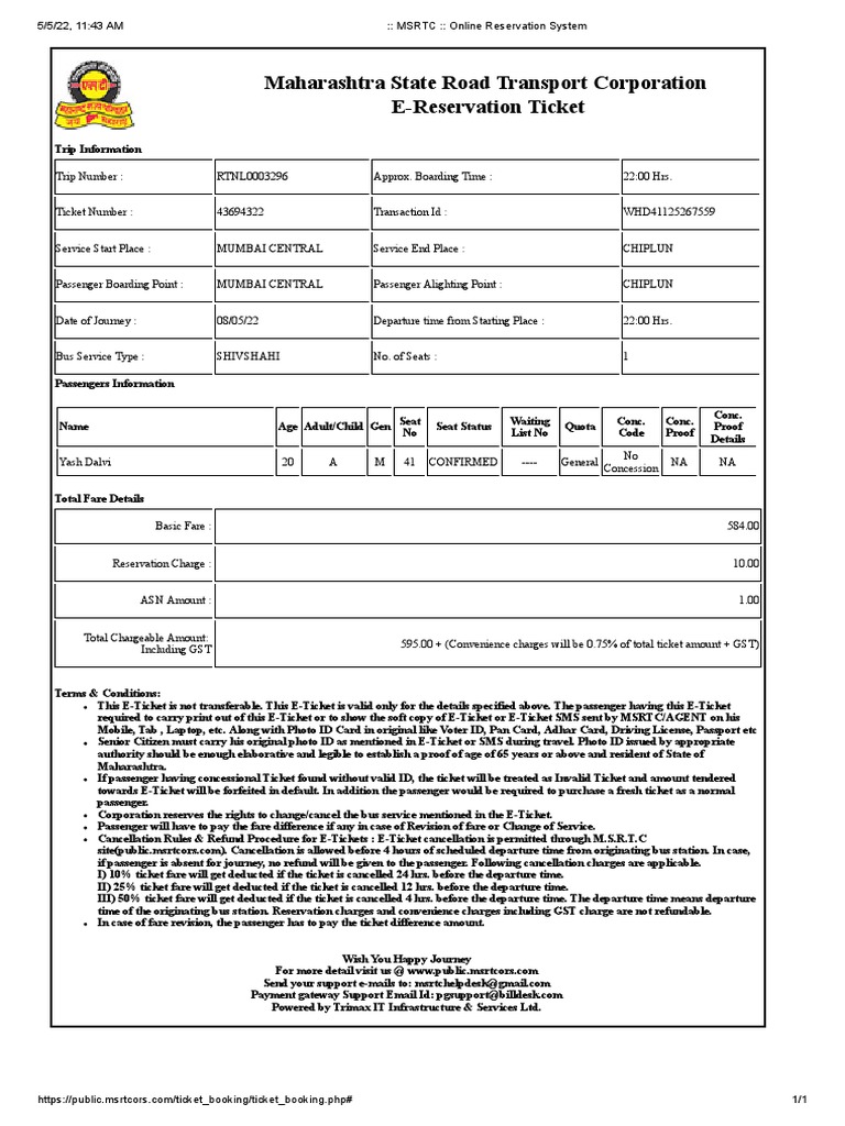 MSRTC E-Ticket Confirmation Details | PDF | Identity Document | Fare