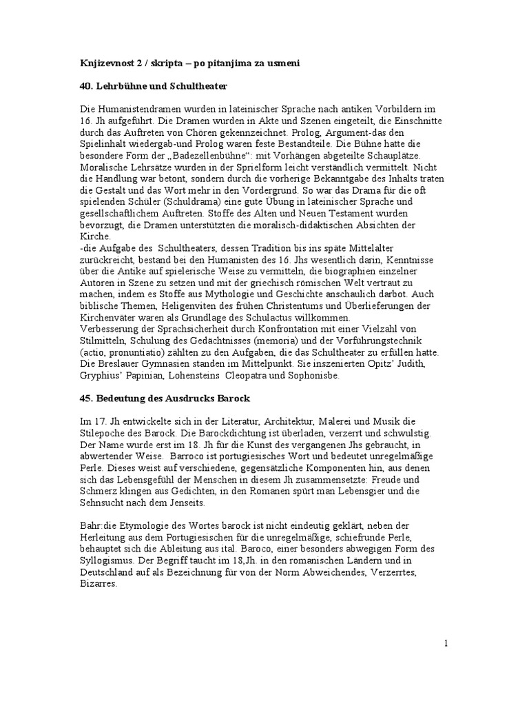 Knjizevnost 2 Skripta - Po Pitanjima Za Usmeni | PDF