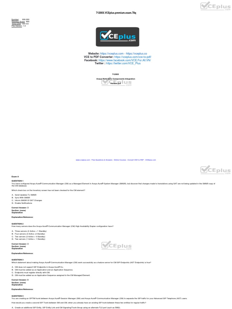 Avaya - Pre .71200X.VCEplus.78q | PDF | Session Initiation Protocol ...