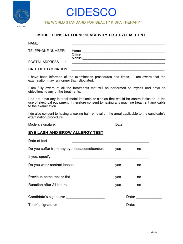 CIDESCO Model Consent Form For Eyelash Tinting | PDF