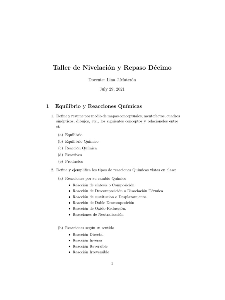 Taller De Nivelación Y Repaso Décimo Pdf Reacciones Químicas