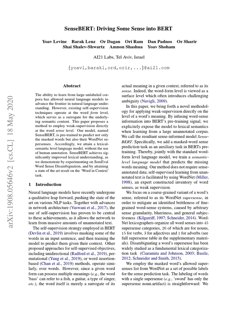 Levine2019 - SenseBERT - Driving Some Sense Into BERT | PDF ...