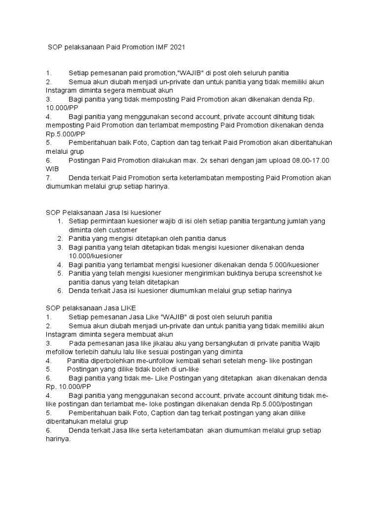 SOP Pelaksanaan Paid Promotion IMF 2021 | PDF