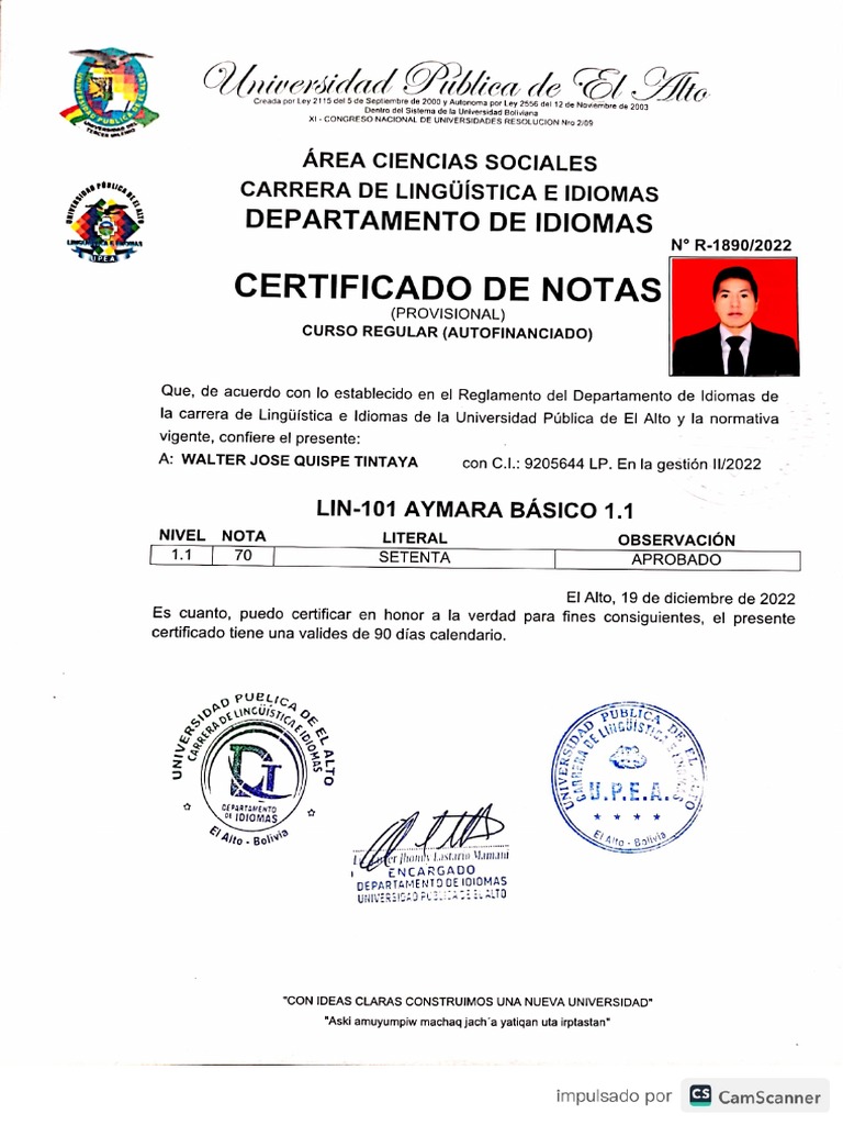 Cert. Aymara Básico UPEA | PDF