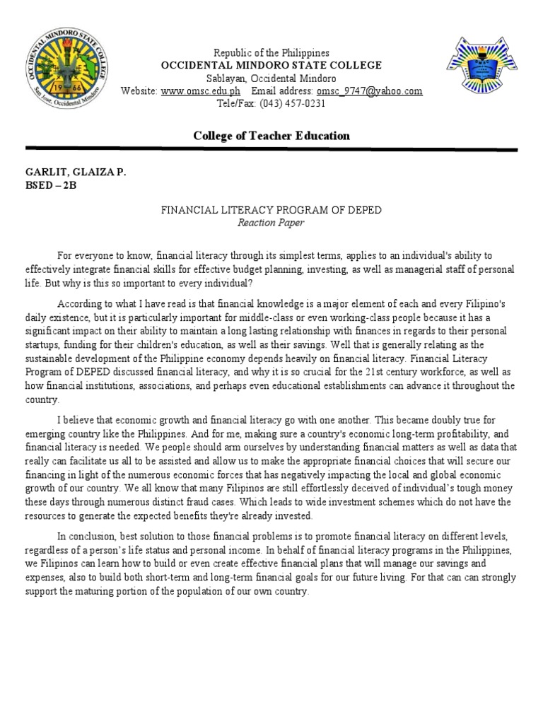 Reaction Paper | PDF | Literacy | Financial Literacy