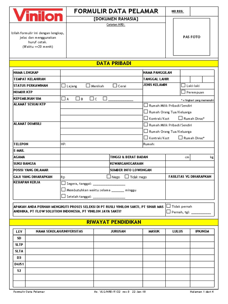 Form Data Pelamar | PDF