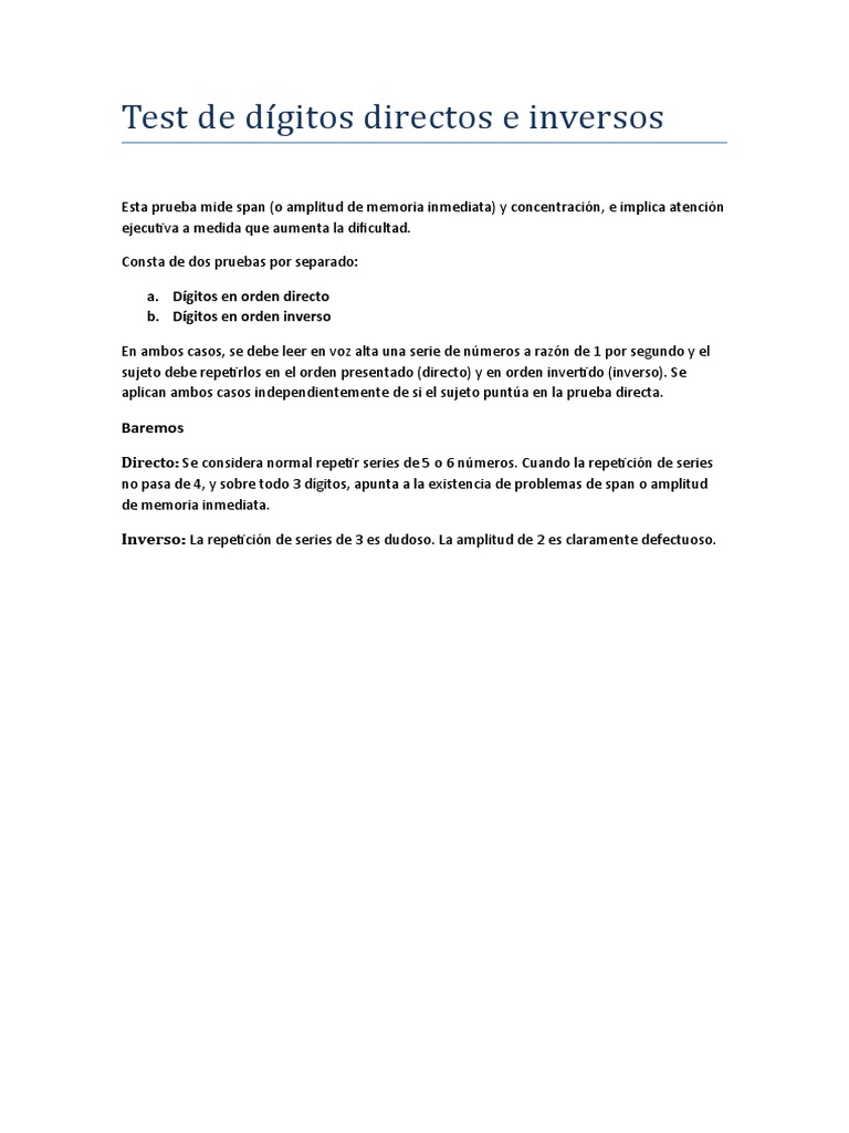 Evaluación de la memoria a corto plazo y la atención ejecutiva mediante una prueba de dígitos ...