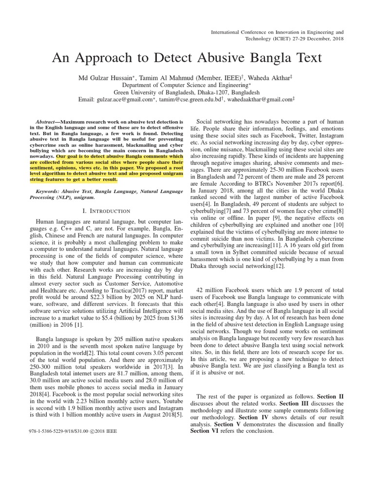 An Approach To Detect Abusive Bangla Text | PDF | Cyberbullying | Social Networking Service