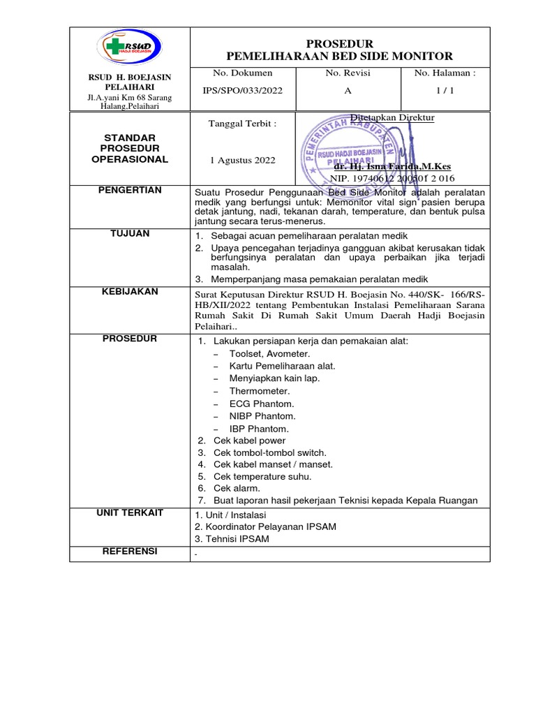 Sop Pemeliharaan Bed Side Monitor | PDF