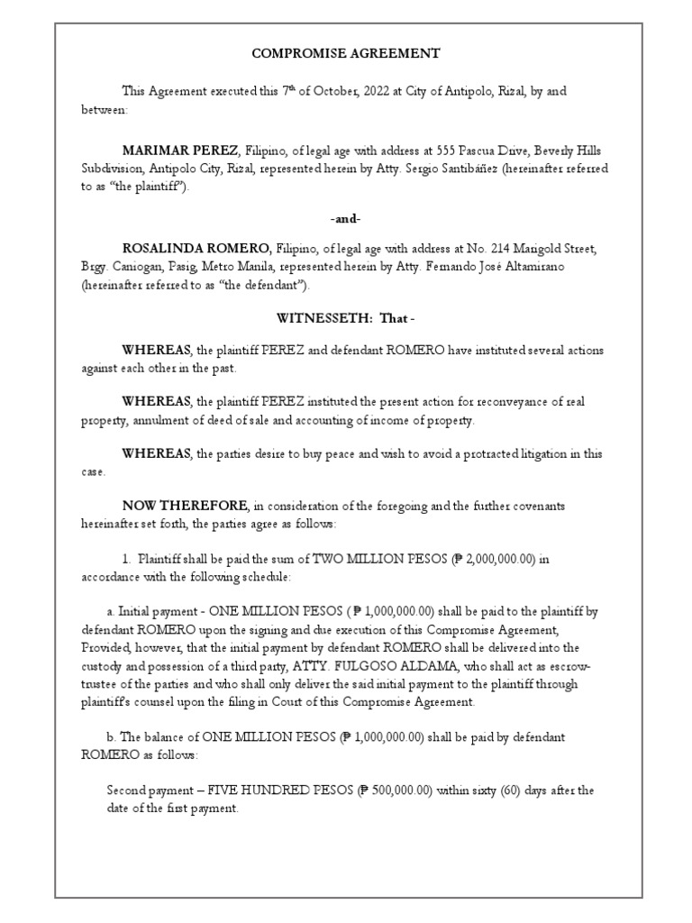 Compromise Agreement Sample | PDF | Property Law | Civil Law (Legal System) Compromise Agreement Sample | PDF | Property Law | Civil Law (Legal System)