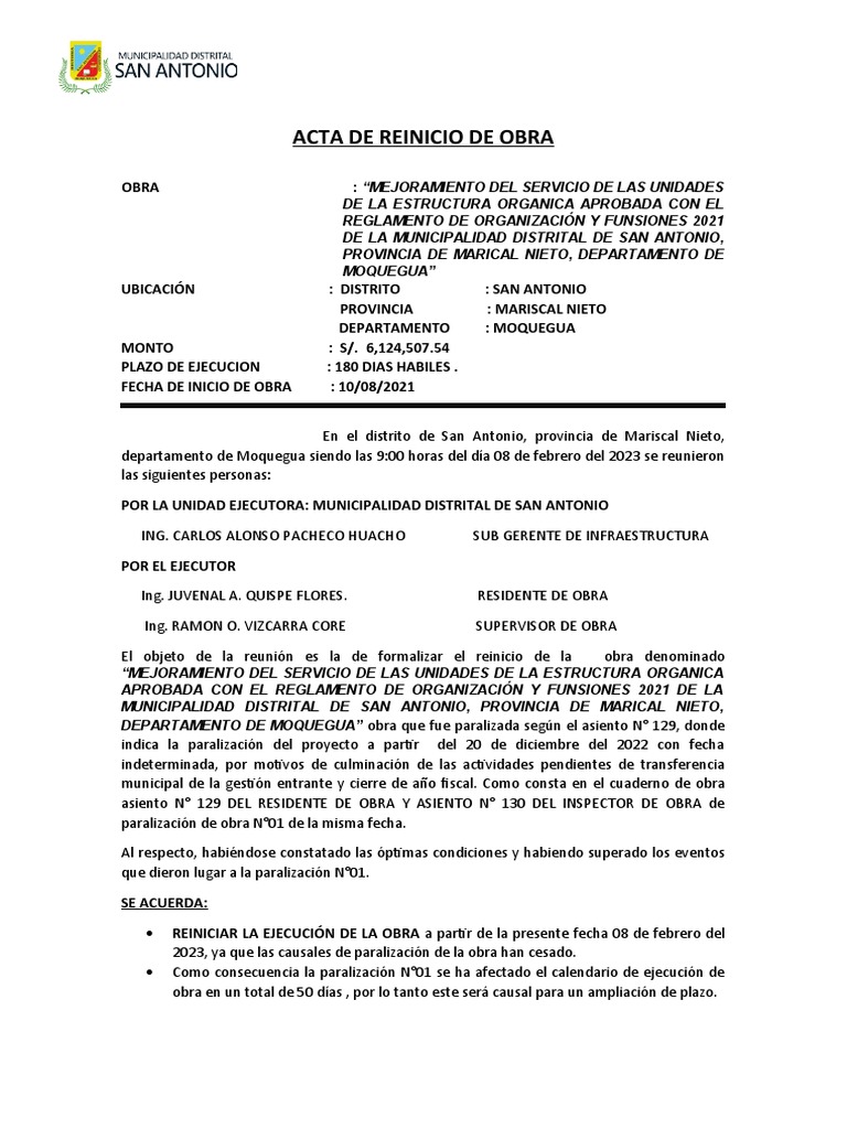 Acta de Reinicio de Obra Sa | PDF | Gobierno
