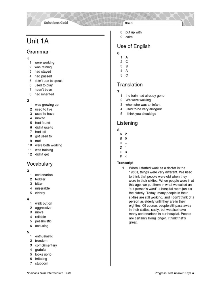 Sol Gold Int Progress Test Unit 1A Answer Key | PDF