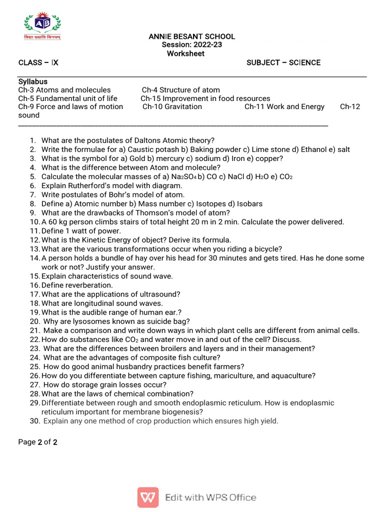 SCIENCE WORKSHEET 9th | PDF | Atoms | Molecules