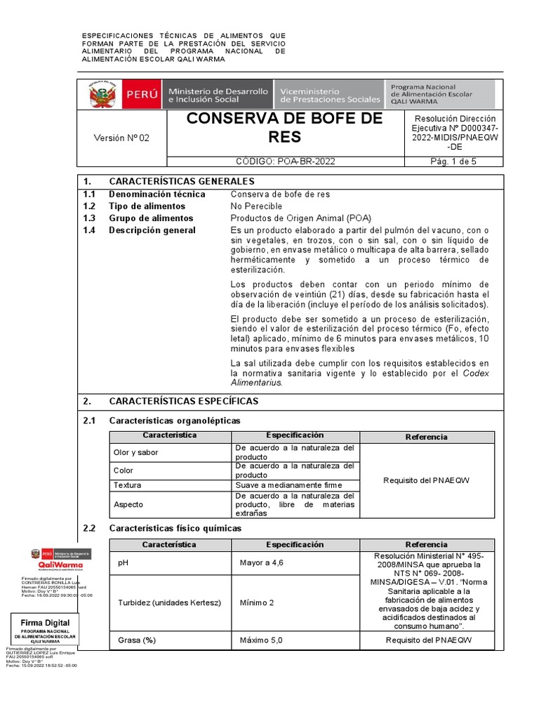 Especificaciones Conserva Bofe de Res | PDF | Alimentos ...