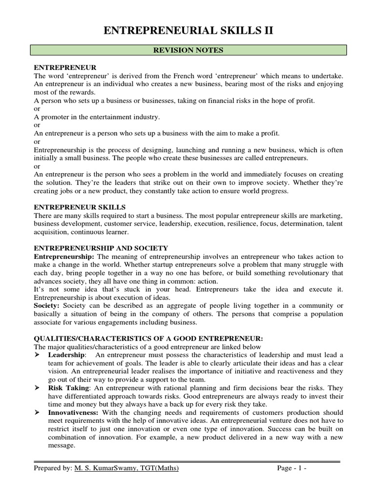 Entrepreneurial Skills Overview | PDF | Entrepreneurship | Startup Company