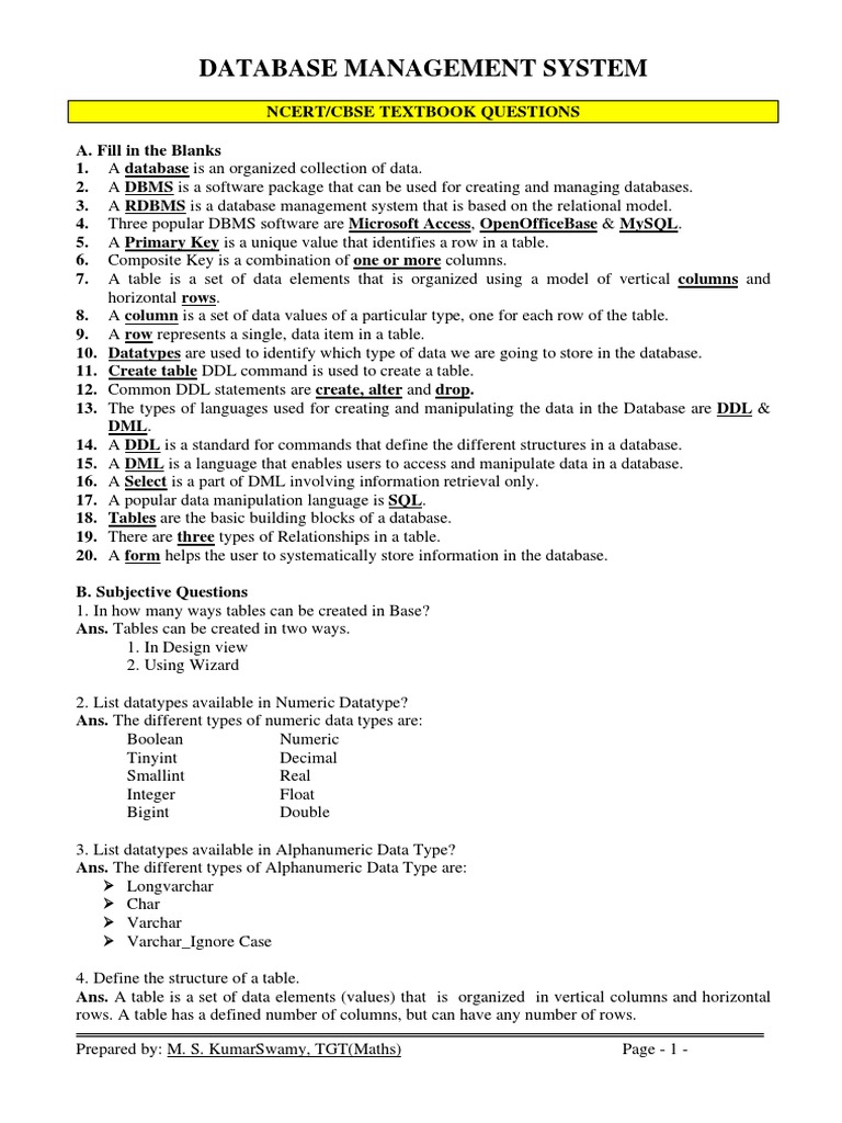 DBMS Class 10 Important Questions | PDF | Relational Database | Databases