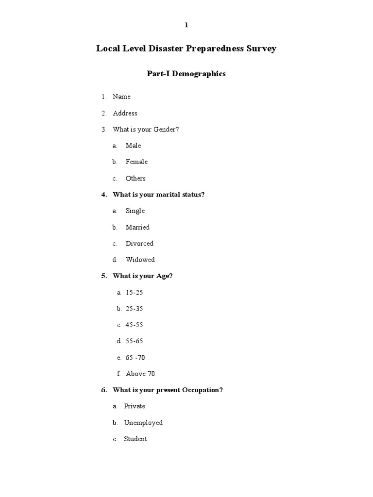 Local Level Disaster Preparedness Survey Questionairre Doc Max | PDF ...