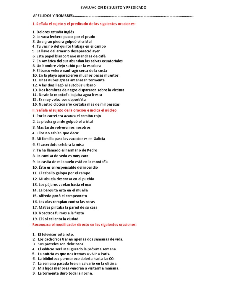Evaluacion de Sujeto y Predicado | PDF