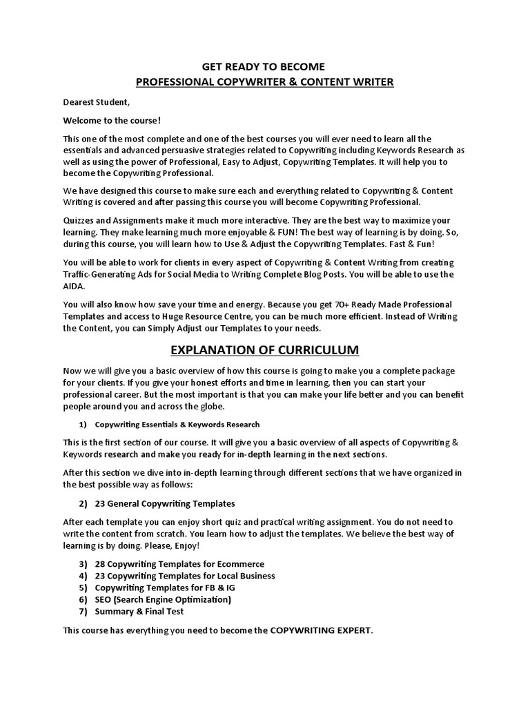 70 Copywriting & Content Writing Templates For Your Success | PDF ...