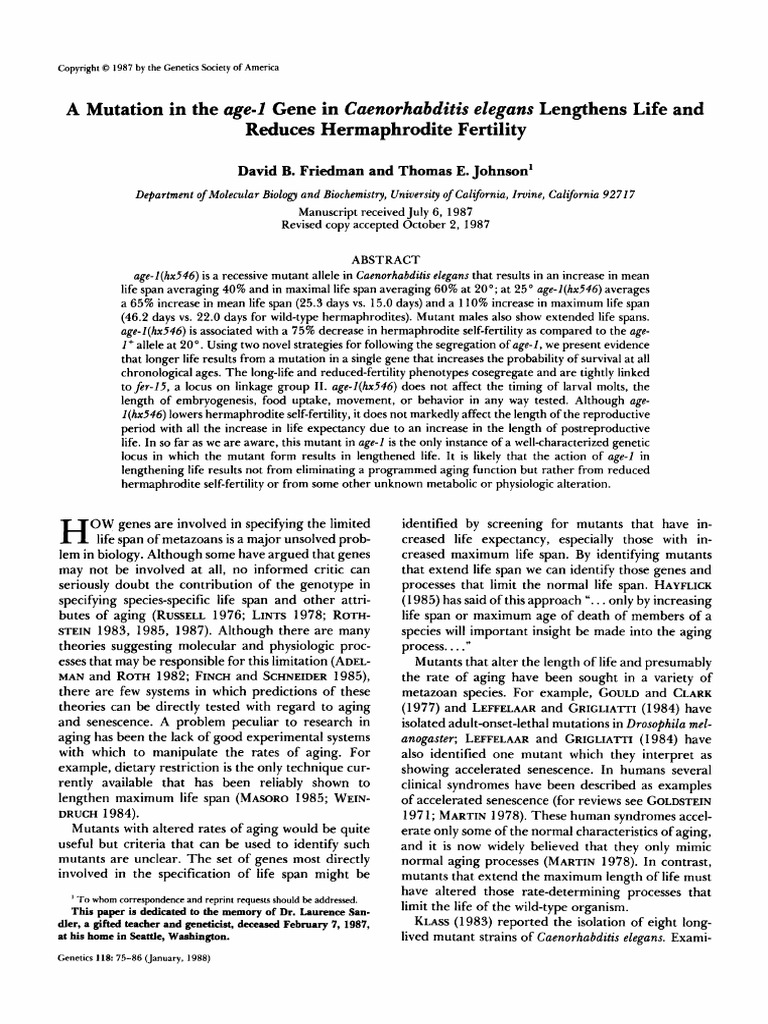 1988 A Mutation In The Age 1 Gene In Caenorhabditis Elegans Lengthens