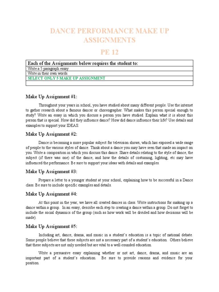 Dance Performance Make Up Assignments | PDF | Dances | Essays