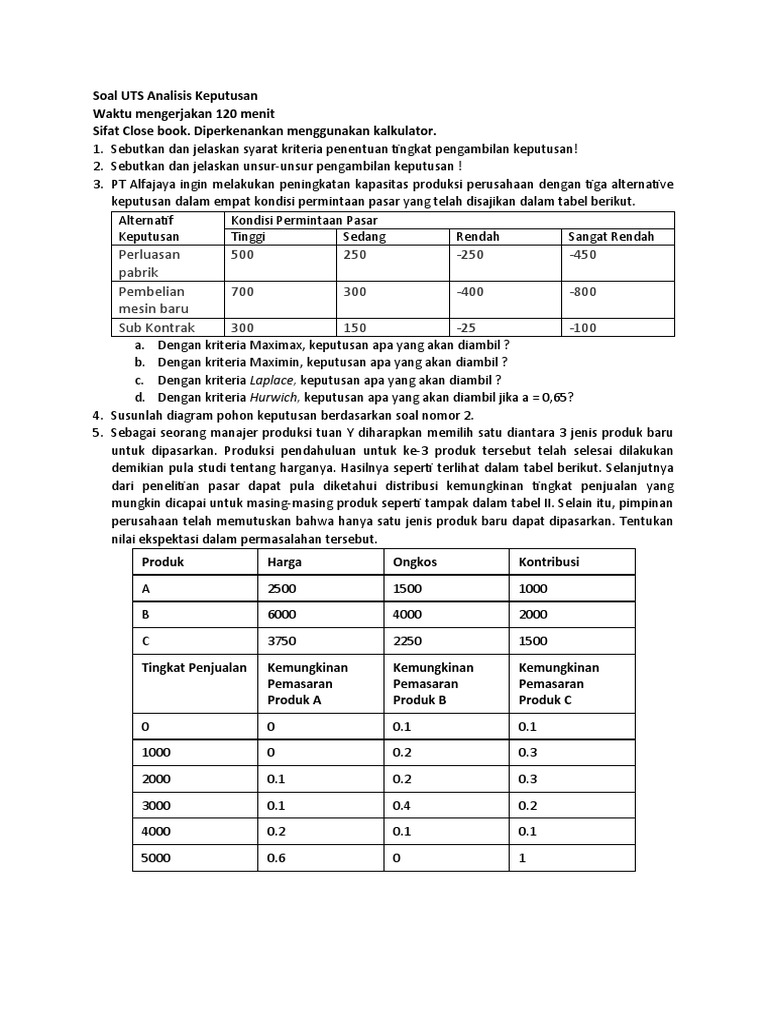 Soal UTS Analisis Keputusan | PDF | Bisnis