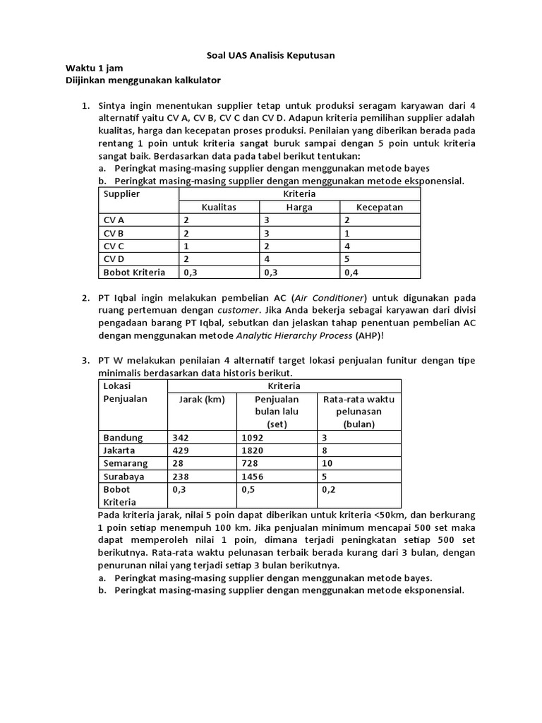 Soal UAS Analisis Keputusan | PDF | Teknologi & Rekayasa