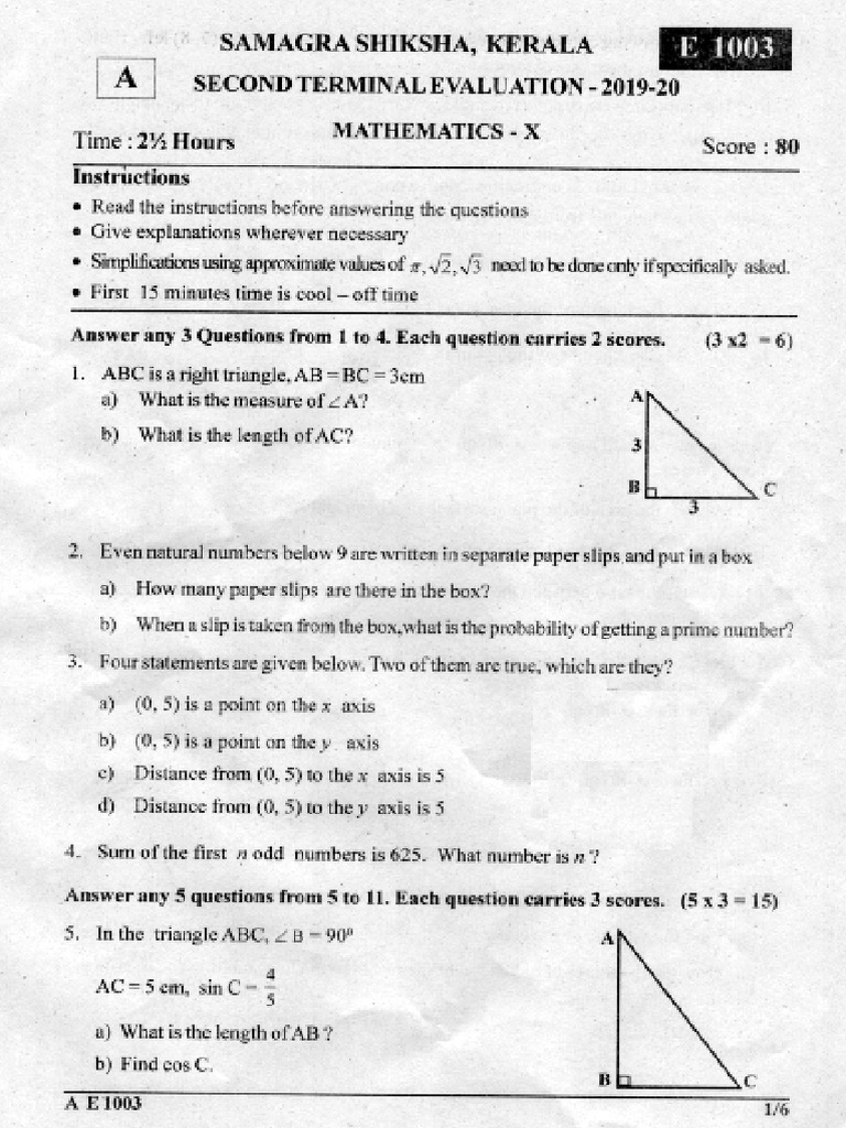 MATHS (EM) Question Paper Kerala Class 10 Second Term Exam Dec 2019 | PDF